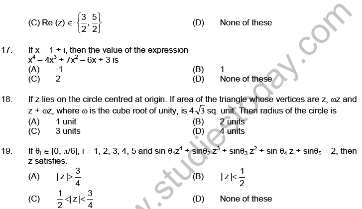 JEE Mathematics Complex Numbers MCQs Set C with Answers